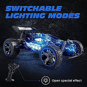 Tecnock RC Racing Car, 2.4Ghz High Speed Remote Control Car, 1:18 2WD Toy Cars Buggy for Boys & Girls with Two Rechargeable Batteries for Car, Gift for Kids(Blue&Light)