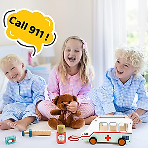 Wooden Doctor Kit for Kids, 37pcs Pretend Play Medical Kit with Ambulance Toy & Plush Bear, Imagination Doctor Role Play Set for Boys Girls Age 3 4 5 6 7