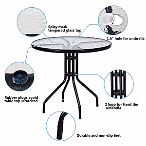 Tangkula 32” Outdoor Dining Table Round, Tempered Glass Top Steel Frame with 1.6 inch Umbrella Hole, All Weather Patio Side Table for Backyard Lawn Balcony Poolside or Garden