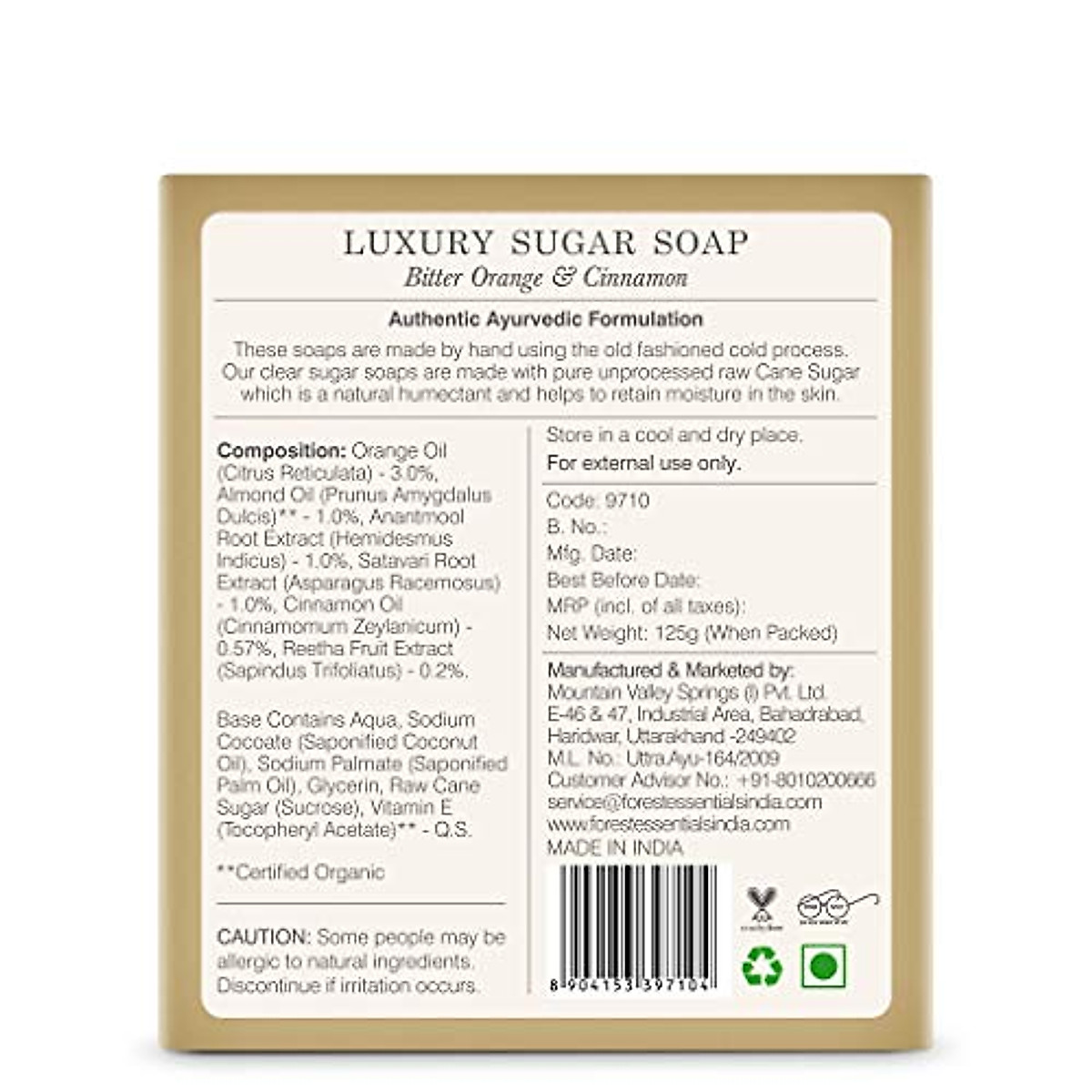 Forest Essentials Luxury Sugar Soap Bitter Orange & Cinnamon - 125g