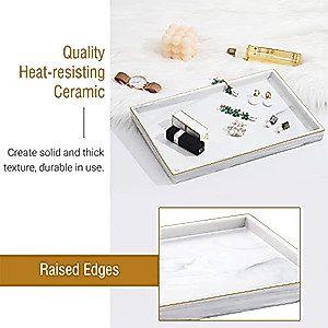 Shinowa Ceramic Vanity Tray, Bathroom Counter Tray Marble Finish Perfume Tray Rectangle Decorative Tray for Vanity Dresser Bathroom Countertop Living Room Kitchen, Large Size - Marble White