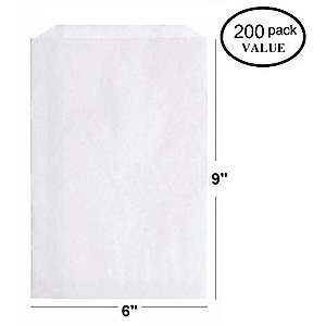 N'ice Packaging 200 White Flat Paper Bags Good for Candy, Cookies, Small Gift, Crafts, Party Favor, Sandwich, or Merchandising - no Gussett (White, 6" x 9")