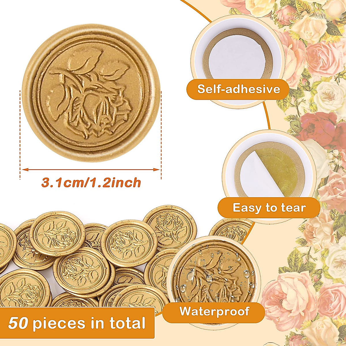 Prasacco 50 Pieces Wax Seal Stickers, Envelope Seal Stickers Vintage Wedding Invitation Envelope Seals Self Adhesive Rose Flower Gold Stickers for Valentine's Day Birthday Bridal Shower Party