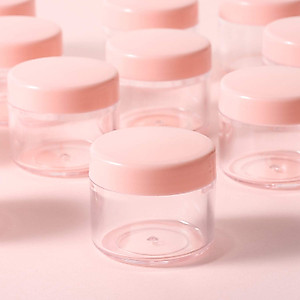 100 Pcs 20g Plastic Sample Cosmetic Containers with Lids and 10 Pcs Mini Makeup Spatula，Refillable Cosmetic Jars Lip Scrub Containers for Skincare - Pink