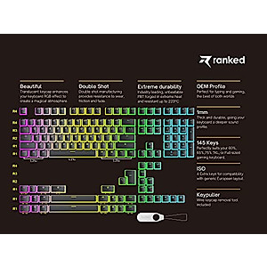 Ranked Pudding v2 PBT Keycaps | 145 Double Shot Translucent ANSI US & ISO Layout | OEM Profile for Full Size, TKL, 75%, 65% and 60% RGB Mechanical Gaming Keyboard (Black)