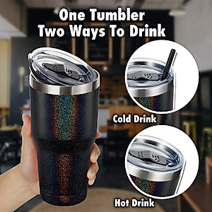 ALOUFEA 30oz Stainless Steel Tumbler, Insulated Coffee Tumbler Cup with Lid and Straw, Double Walled Travel Coffee Mug for Hot & Cold Drinks (Glitter Black, 1 Pack)
