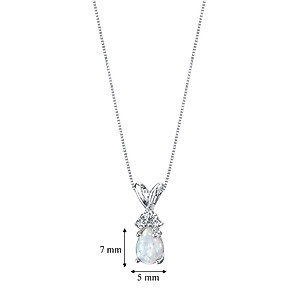 PEORA 14K White Gold Created White Opal with Genuine Diamonds Pendant for Women, Dainty Teardrop Solitaire, Pear Shape, 7x5mm
