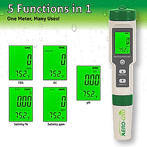 AERO-GRO Digital 5-in-1 Meter: 5 Functions: pH, TDS, EC, Salinity%, Salinity ppm, and Temp, IP67 Waterproof, Pen-Type Tester for Hydroponics, Water, Wine, Spas, Aquariums