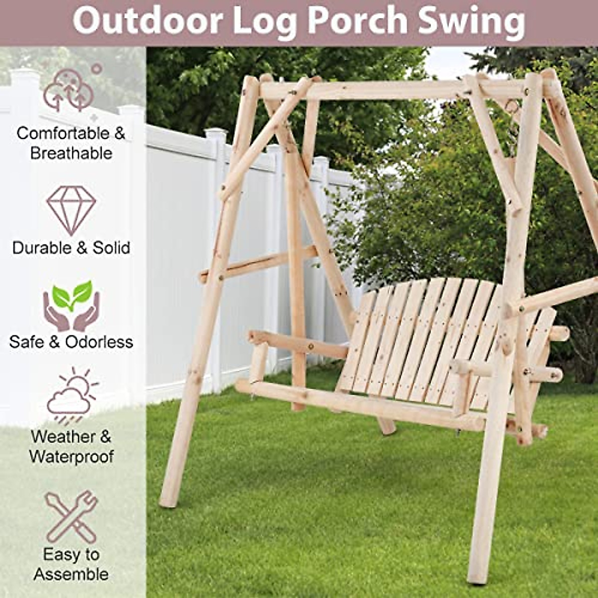 Outdoor Wooden Porch Swing 67 Inch Log Swing with Stand, A-Frame Yard Swing Set Patio Furniture Modern 2 Person Swing Sturdy Garden Bench Swing Rustic Curved Back Swing Chair for Adults