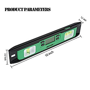 Digital Torpedo Level -10 Inch IP54 Digital Magnetized Level Protected Electronic Bubble Inclinometer/Angle Finder/LED Display & V-Groove Base (10 Inch, Green)