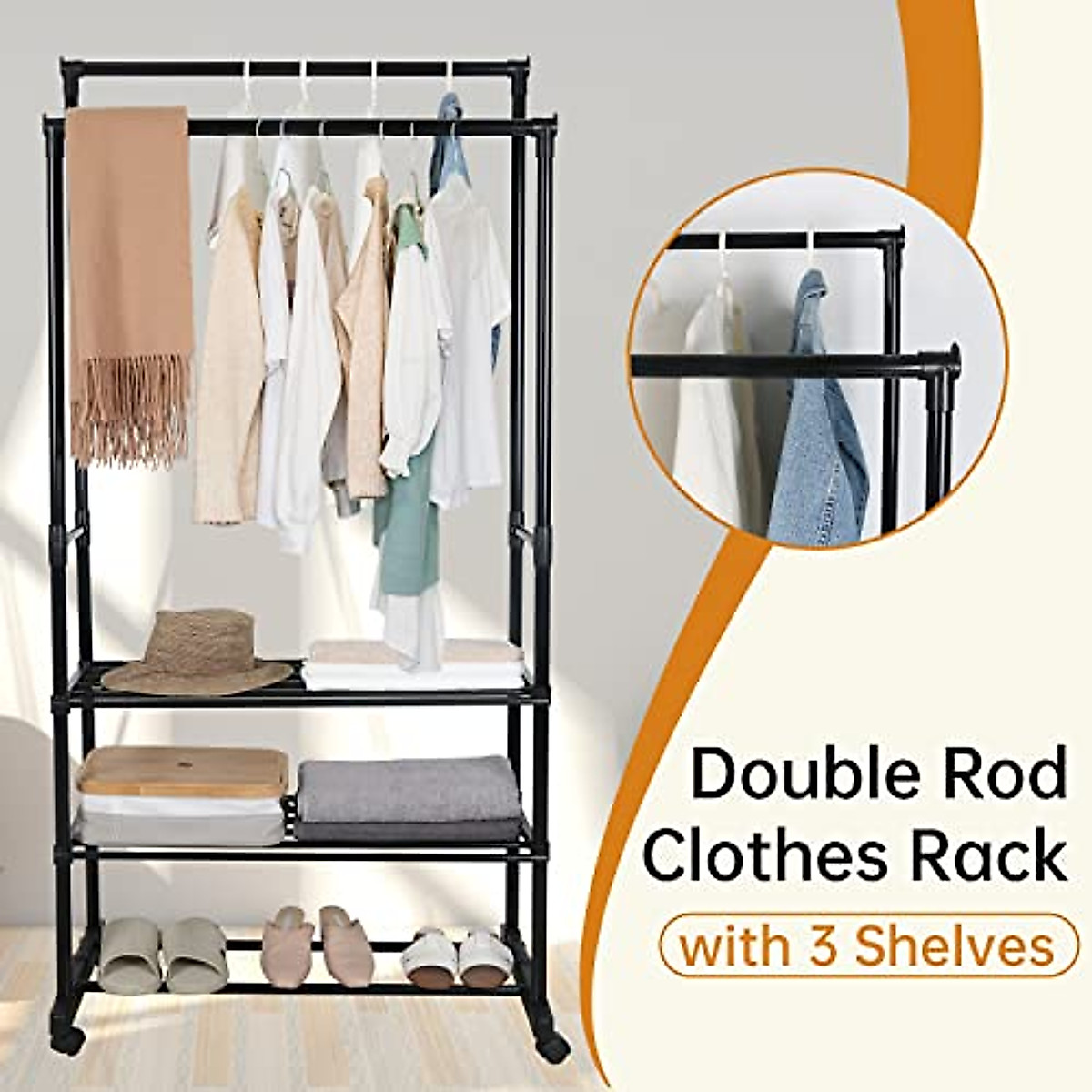 ZOES HOMEWARE Clothes Rack,Double Rod Clothing Rack on Wheels,Large Metal Heavy Duty Clothing Rack with 3 Shelves for Hanging Clothes,Black Rolling Clothes Rack, 65"x 31" x16"