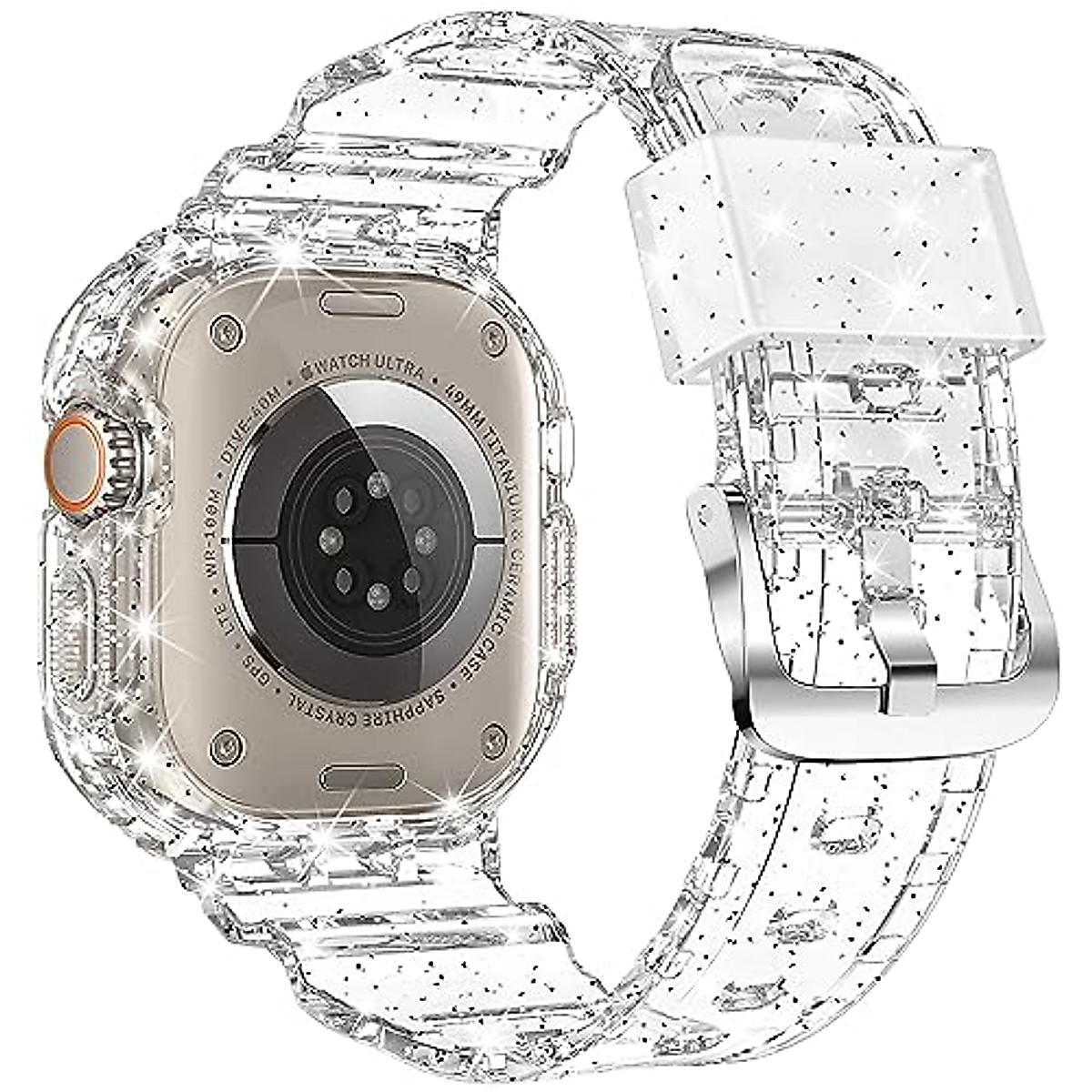XYF Compatible for Crystal Clear Apple Watch Ultra 2 Bands, 49mm Bumper Case Men Women Jelly Cover Strap for iWatch Ultra 2/1 Series 9 8 7 SE 6 5 4 3 2 1 (Glitter Clear, 49)