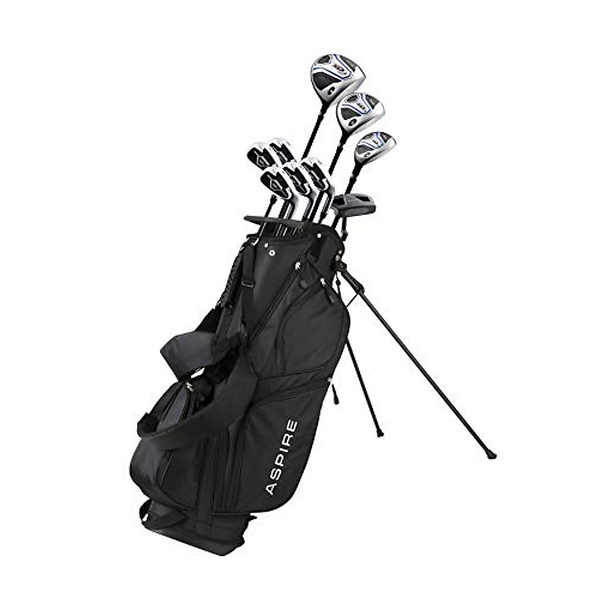 Aspire XD1 Men's Complete Golf Clubs Package Set Includes Titanium Driver, S.S. Fairway, S.S. Hybrid, S.S. 6-PW Irons, Putter, Bag, 3 H/C's Right Hand - Blue - Choose Size! (Regular Size, Right Hand)
