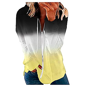 Women's Casual Zipper Hoodie V Neck Long Sleeve Loose Soft Tops Gradient Print Tunic Blouse Coat with Split Yellow