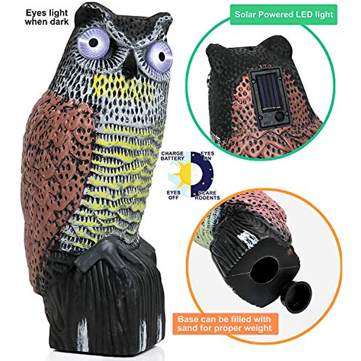 Galashield Owl Decoy | Plastic Owls to Scare Birds Away with Solar Powered LED Eyes | Owl Statue for Garden & Outdoors