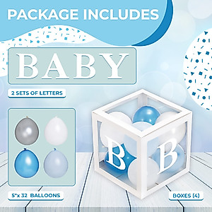 Baby Boxes with Letters for Baby Shower - Baby Shower Decorations of 44 pcs, 32 Blue Silver White Balloons, 4 White Blocks, 8 Letters, Perfect Party Decor