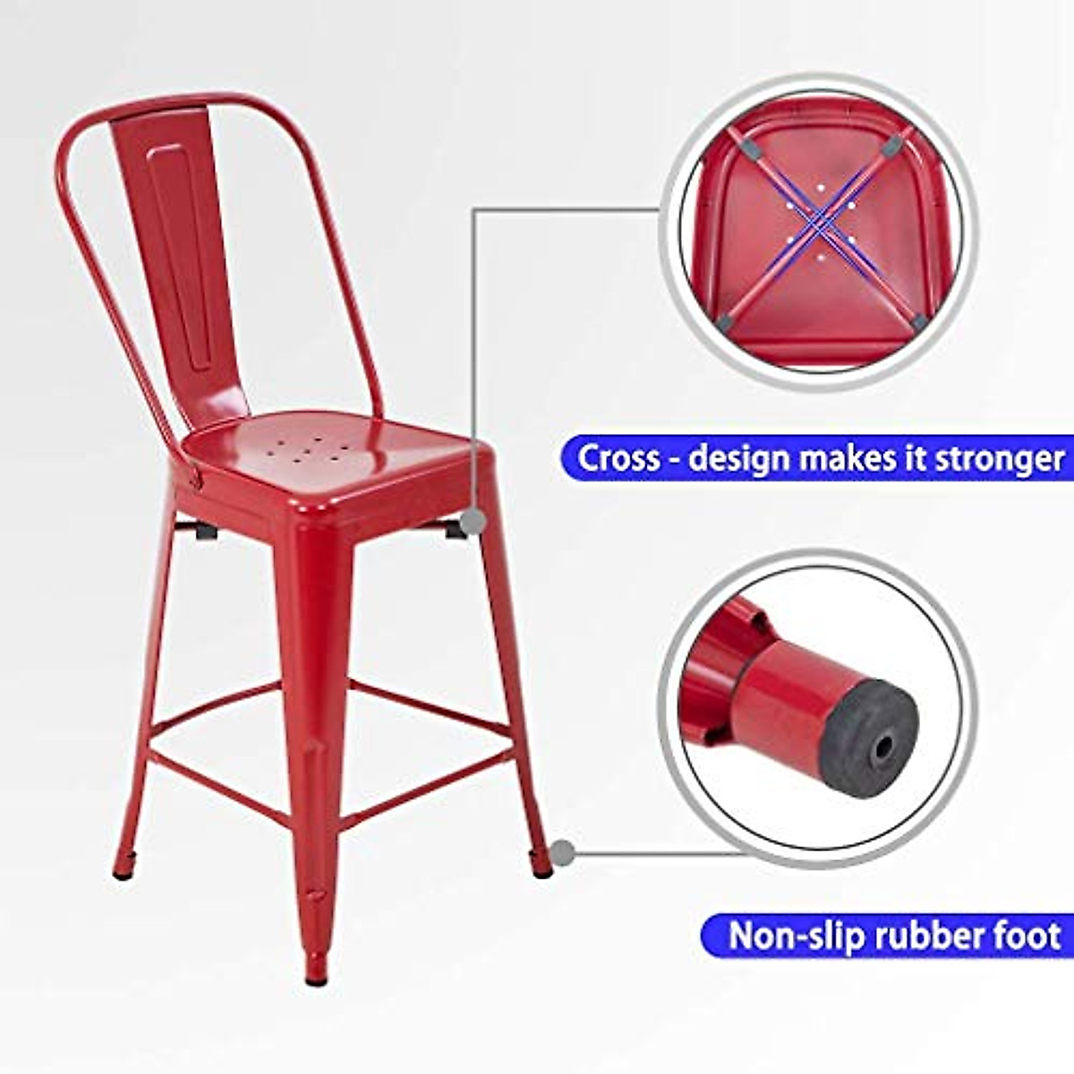 24 Inch Metal Bar Stools with Back Counter Height Bar Stools, Metal Chairs Set of 4 Indoor Outdoor Stackable Kitchen Stools Dining Chair Metal Restaurant Chair, Red