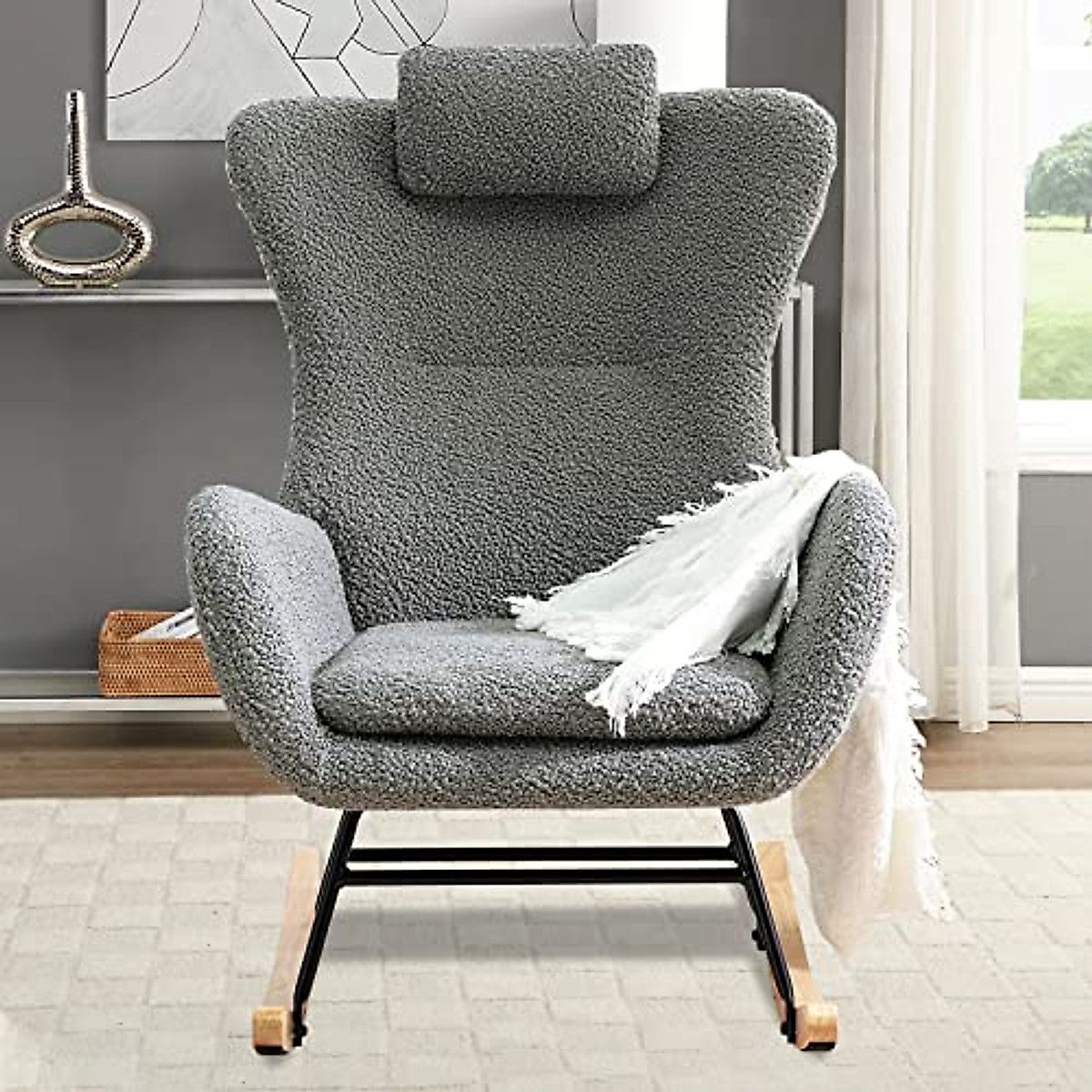Modern Gray Rocking Chair Nursery Living Room Rocking Chair Teddy Fabric Upholstered Glider Chair High Backrest Side Hanging Pocket Side Accent Chair for Bedroom Offices (Gray + Polyester)