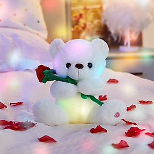Houwsbaby Glow Teddy Bear with Rose Stuffed Animal for Graduate Soft Light Up Plush Toy LED Night Lights Valentine’s Day Presents for Kids Toddler Girlfriend,White,10.5''