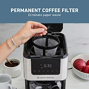 West Bend Drip Coffee Maker Brews Hot or Iced, Programmable with Brew Strength Selector Auto Shut-Off and 6 Functions Permanent Mesh Filter and Glass Carafe, 12-Cup, Metallic,Silver