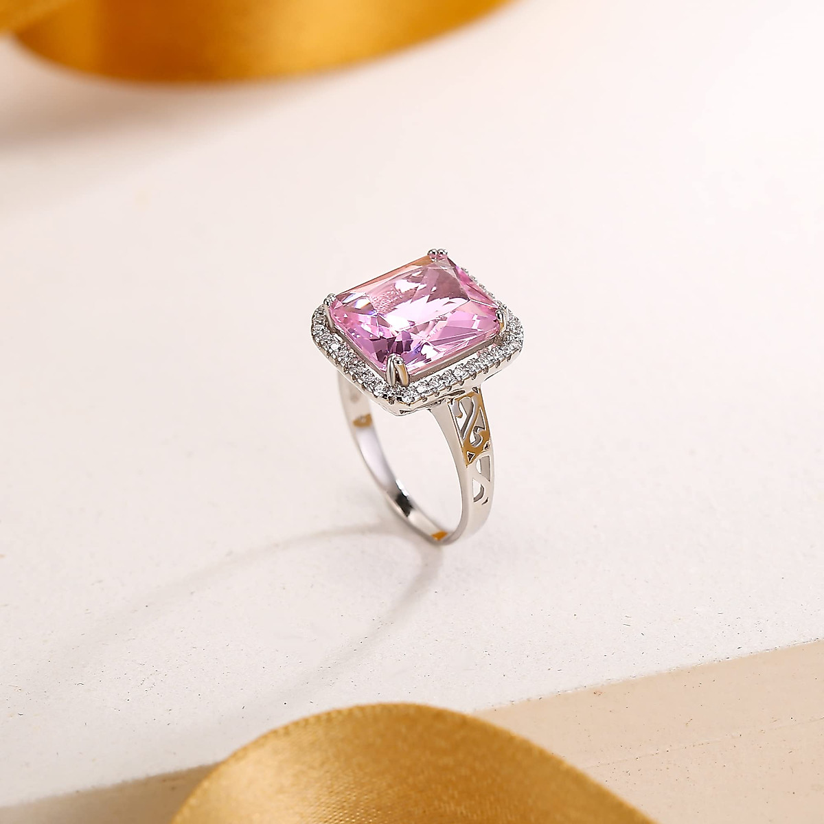 EVER FAITH S925 Sterling Silver 5 Carats Radiant Cut CZ Stunning Engagement Cocktail Ring Pink - Size 9