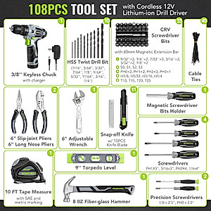 WORKPRO Home Tool Kit with Power Drill, 108PCS Power Home Tool Set with 12V 1.5 Ah Battery Powered Screwdriver and Tool Box, Electric Cordless Drill Set with Keyless Chuck and Variable Speed Trigger