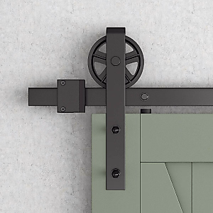 SMARTSTANDARD Sliding Barn Door Hardware Hangers 2pcs with Heavy Duty 12" Pull and Flush Barn Door Handle 1pc (Black) (Big Wheel Hangers)