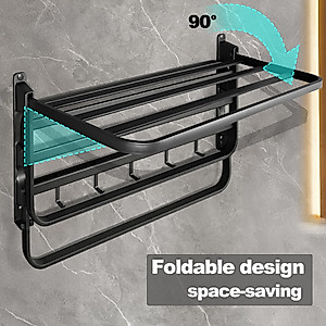 24 Inch Towel Racks for Bathroom Wall Mounted,Foldable Towel Shelf with Towel Bar and Hooks,Space Aluminum Matte Black Towel Rack with Shelf,Rustproof Towel Organizer for Bathroom,Hotel or Balcony