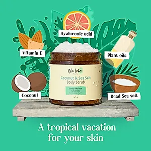 Coconut and Dead Sea Salt Body Scrub - Body Scrub Exfoliator, Scrubs & Body Treatments with Hyaluronic Acid & Vitamin E, Exfoliating Body Scrub to Moisturize & Remove Dead Skin, Exfoliating Scrub