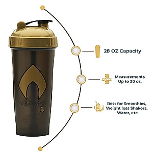 Performa Justice League & DC Comic - Leak Free Protein Shaker Bottle with Actionrod Mixing Technology for All Your Protein Needs! Shatter Resistant & Dishwasher Safe (Aquaman)(28oz)