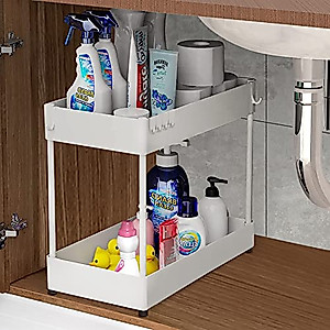 C&AHOME Under Sink Organizers, 2-Tier Kitchen Bathroom Storage Cabinet with Hooks, Counter top Storage Rack, Cabinet Organizer Baskets, Multipurpose Storage Shelf Ideal for Kitchen, Bathroom, White