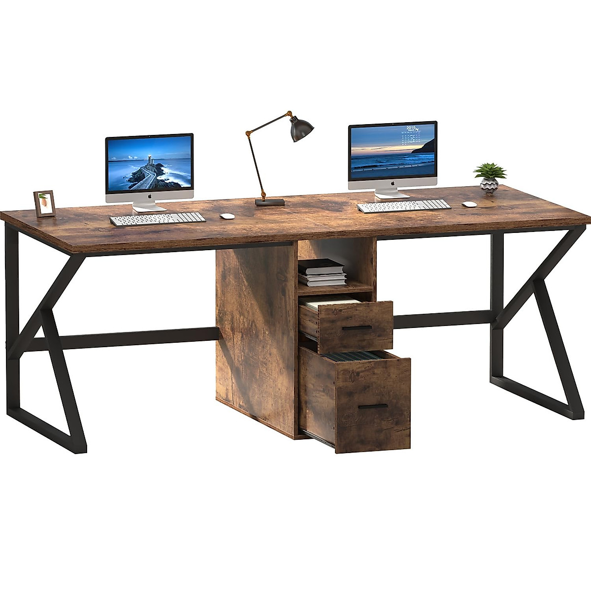 IBF 79" Two Person Office Desk,Large Double Long Pc Desk with File Drawer, 2 Person Computer Desk with Storage Cabinet Shelf, Industrial Wood Modern Work Dual Computer Table for Home, Rustic Brown