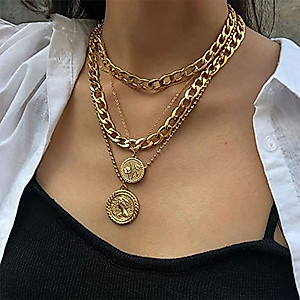 MJartoria Gold Layered Necklaces for Women Trendy Retro Birthflower August Flower Coin Pendant Gold Chain Necklaces Dainty Chunky Link Chain Choker Necklaces for Girls Jewelry Birthday Gifts