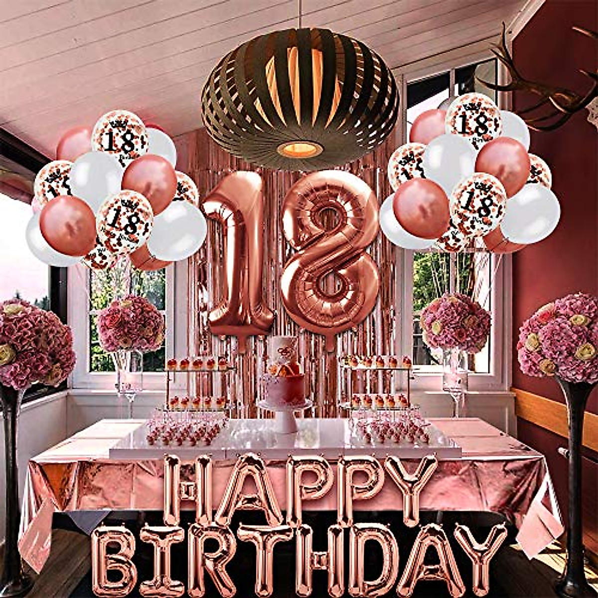 MOVINPE 18th Rose Gold Birthday Party Decoration, Happy Birthday Banner, Jumbo Number 18 Foil Balloon, 2 Rose Gold Fringe Curtain, Latex Confetti Balloon, Table Confetti for Girl Women Anniversary