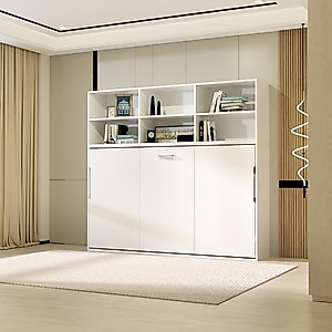 Murphy Bed Twin, Horizontal Twin Size Murphy Bed Cabinet, Wall Bed with Self and Drawers, Wood Hideaway Folding Hidden Beds for Platform Bedroom, Guest Room, Studio or Home Office, White