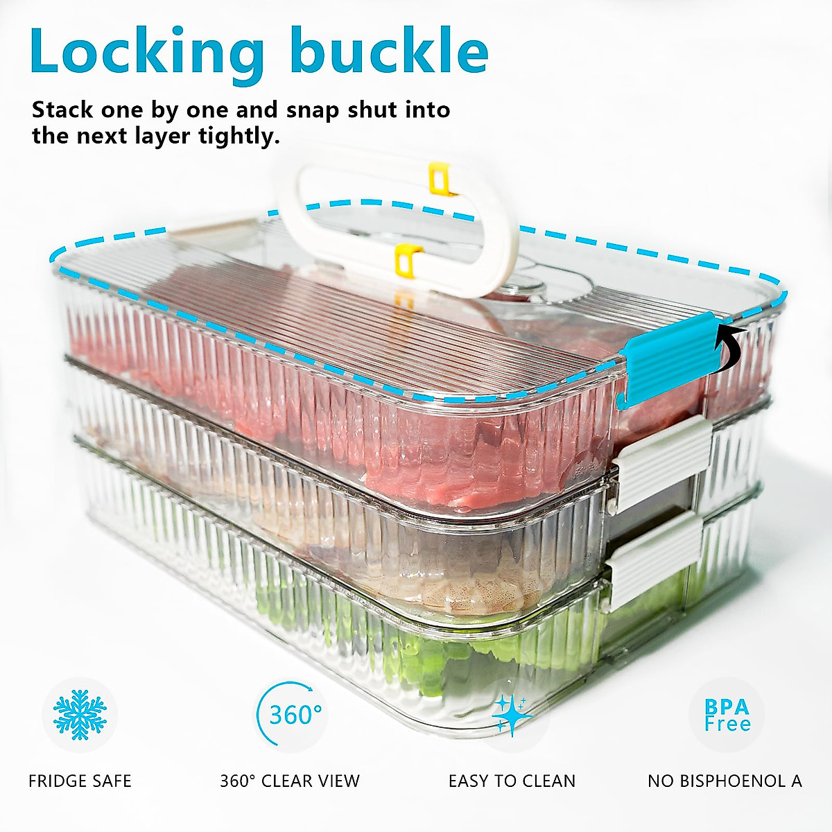 REDANT Deli Containers with Lids for Refrigerator Organizers and Storage - Airtight Deli Meat Container for Fridge - Plastic Meal Prep Containers Reusable for Lunch Meat, Ham and Bacon, 3 Layers
