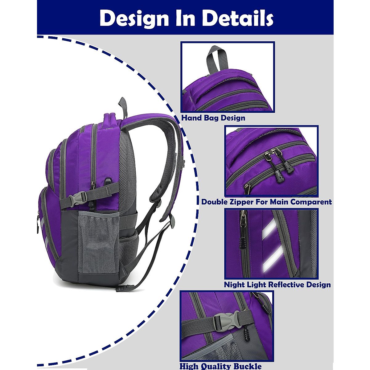 Backpack Bookbag for School College Laptop Travel Student ,Fit Laptop Up to 15.6 inch with USB Charging Port Multi Compartment Anti theft, Gift for Women Men (Purple)