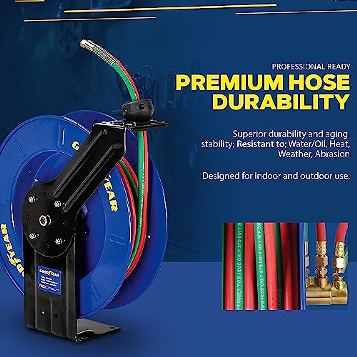 Goodyear Welding Hose Reel Retractable 1/4" Inch x 50’ Foot Twin Oxygen Acetylene Rubber Hoses STD Duty Max 300PSI Heavy Duty Industrial Single Arm Construction