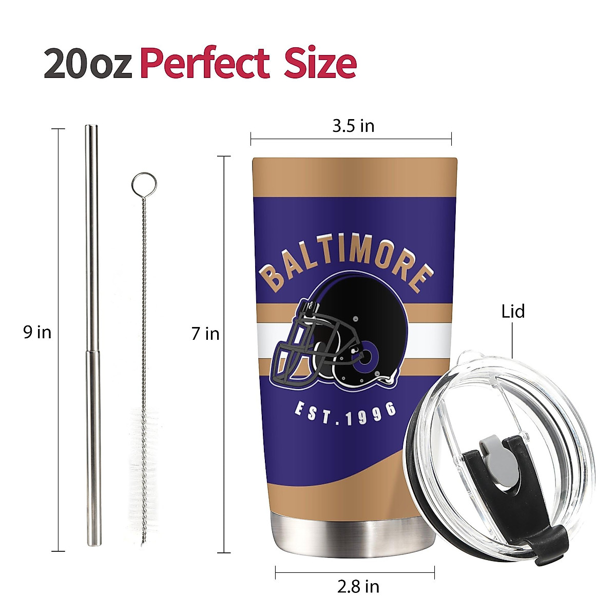 Custom Baltimore Tumbler 20oz Stainless Steel with Lid & Straw Personalized Football Fans Gifts for Women Men Coffee Travel Insulated Mug Cup Add Name Number