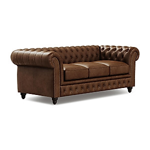 Valencia Parma Chesterfield 3 Seater Sofa 82" | Premium Full-Aniline Leather | Mid-Century Leather Couch with Classic Button Tufted Back, Wood Legs for Living Room, Chocolate