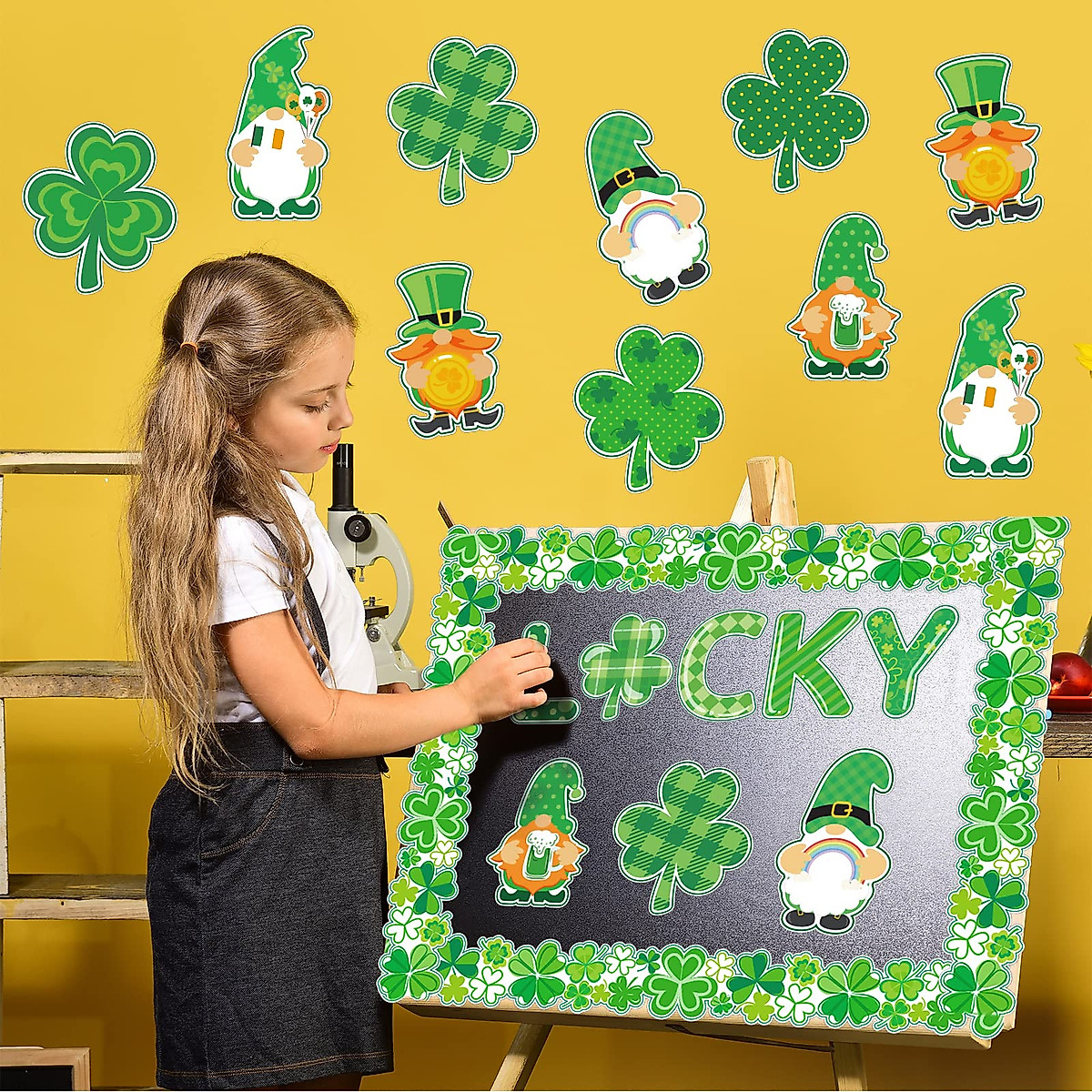 Kepeel 95 Pieces St. Patrick's Day Shamrocks Cutouts Bulletin Board Decorations, St. Patrick’s Lucky Gnome Paper Cutouts Bulletin Trim Board Border Stickers for Holiday Classroom School Supplies