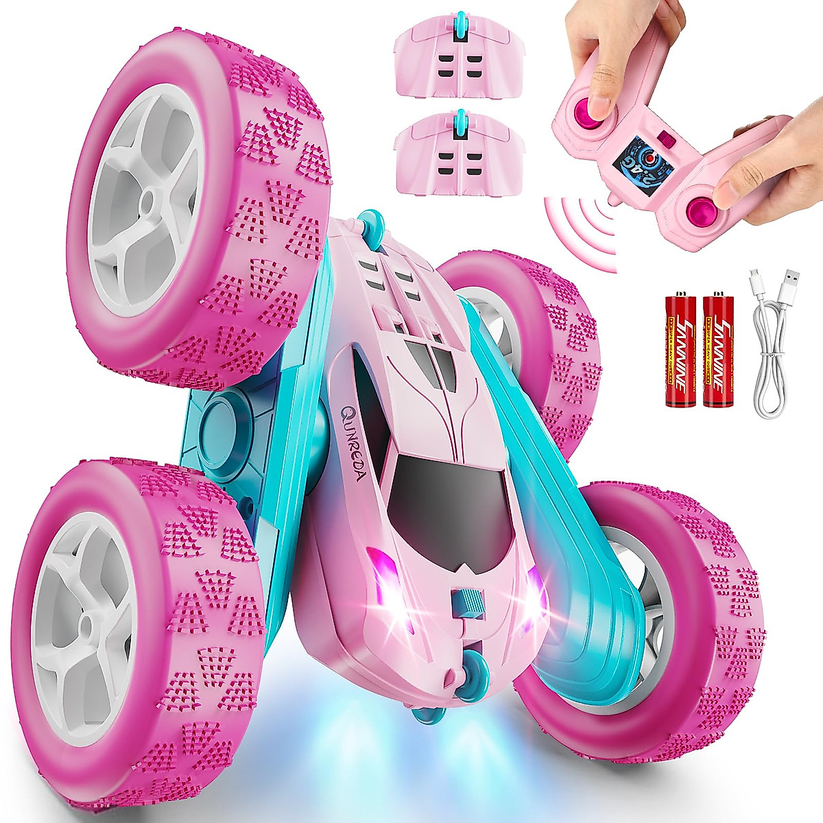 QUNREDA RC Cars, Pink Remote Control Car for Girls, 2.4 GHZ Double Sided RC Stunt Car 360° Rotating Remote Control Crawler with Headlights Car Toys for 6 7 8 9 10 11 12 Girls Birthday
