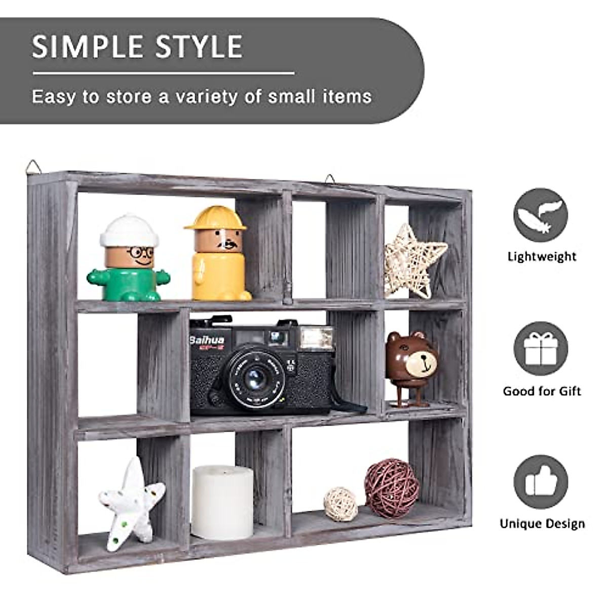 bluegift Shadow Box Display Shelf 9-Slot Rustic Wood Wall Mountable & Freestanding Shelf for Table or Desk, Torched Brown