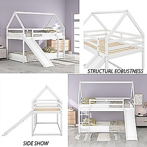House Shape Bunk Bed with Slide and Ladder, Twin Over Twin Low Wooden Bed Frame with Guardrails for Teens Girls Boys, White (White)