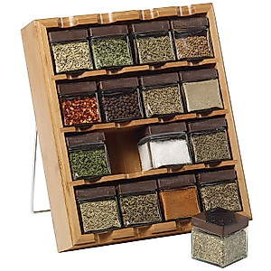 Kamenstein Bamboo Wood 16 Jar Decorative Countertop Spice Rack, with Cube Jars on shelves, Pre FIlled SPice, Filled in the USA, 5 Year Free Refills, Removable Sifter Caps with easy to refill