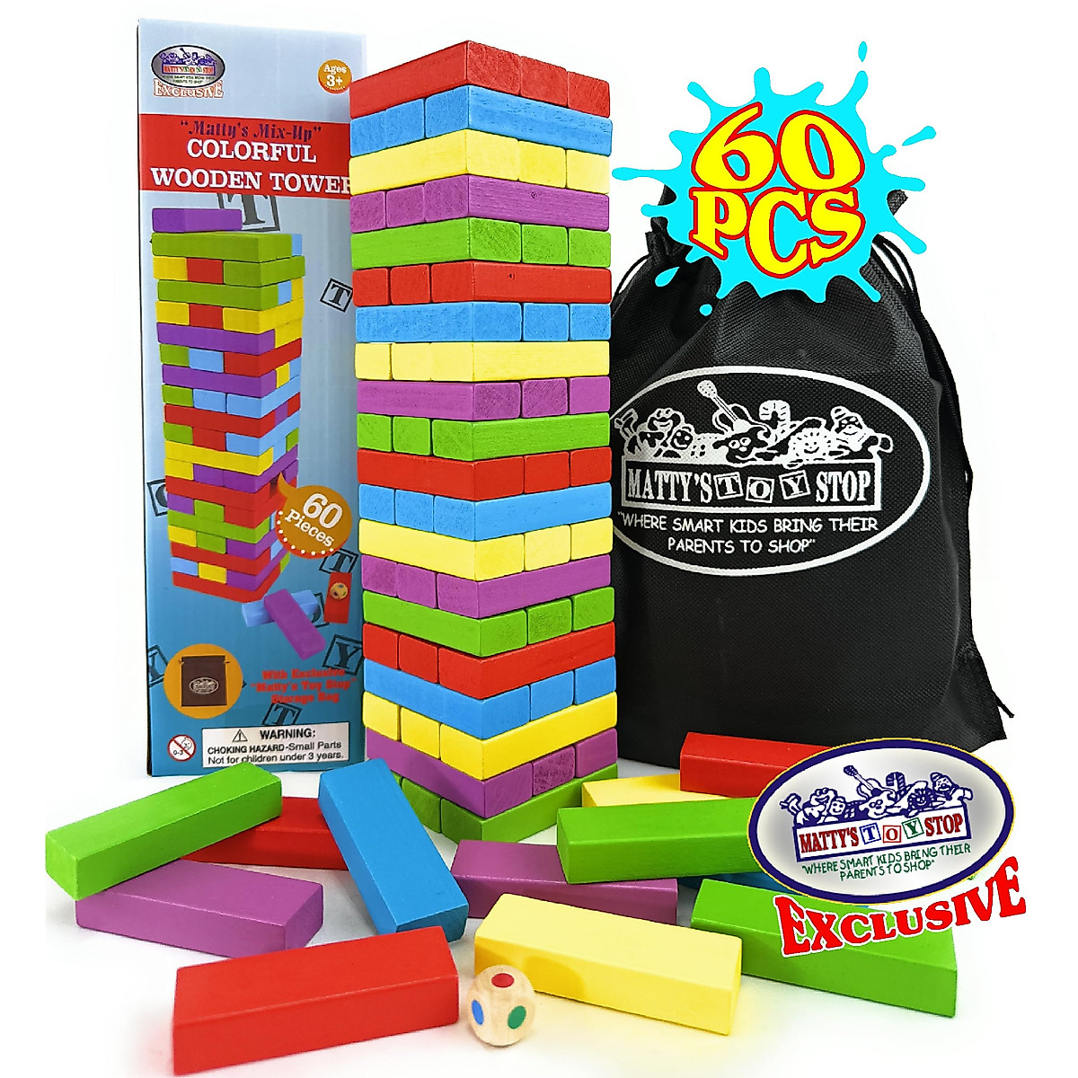 Matty's Mix-Up 60pc Large Colorful Wooden Tumble Tower Deluxe Stacking Game with Storage Bag
