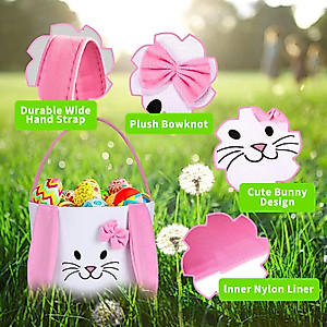 NUFR 2 Pcs Easter Bunny Basket Egg Bags, Easter Rabbit Canvas Tote Bag with Handle and Fluffy Ears for Kids Boys Girls, Easter Bunny Bag Bucket for Eggs Hunting, Candy, Pink+Blue
