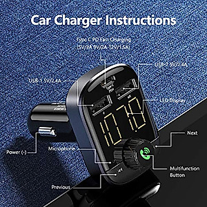 Bluetooth FM Transmitter - RAXFLY Bluetooth Car Adapter Transmitter FM Audio Receiver Dual USB PD Type C Car Charger Support TF Card and U-Disk Compatible for iPhone 11 Samsung S20 All Smartphones