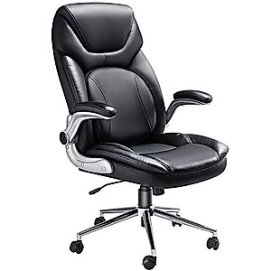 HUANUO Leather Office Chair, Executive Computer Desk Chair, Executive Office Chair with Adjustable Flip-up Arms, Leather Desk Chair with Lumbar Support