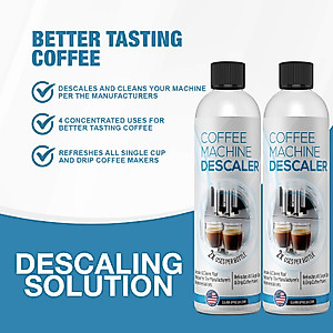 Descaling Solution for Coffee & Espresso Machines - 2 Bottle Pack (4 Uses) - Universally Compatible Descaler Cleaner for Keurig, Breville, Nespresso, Delonghi & All Single Use or Drip Machines